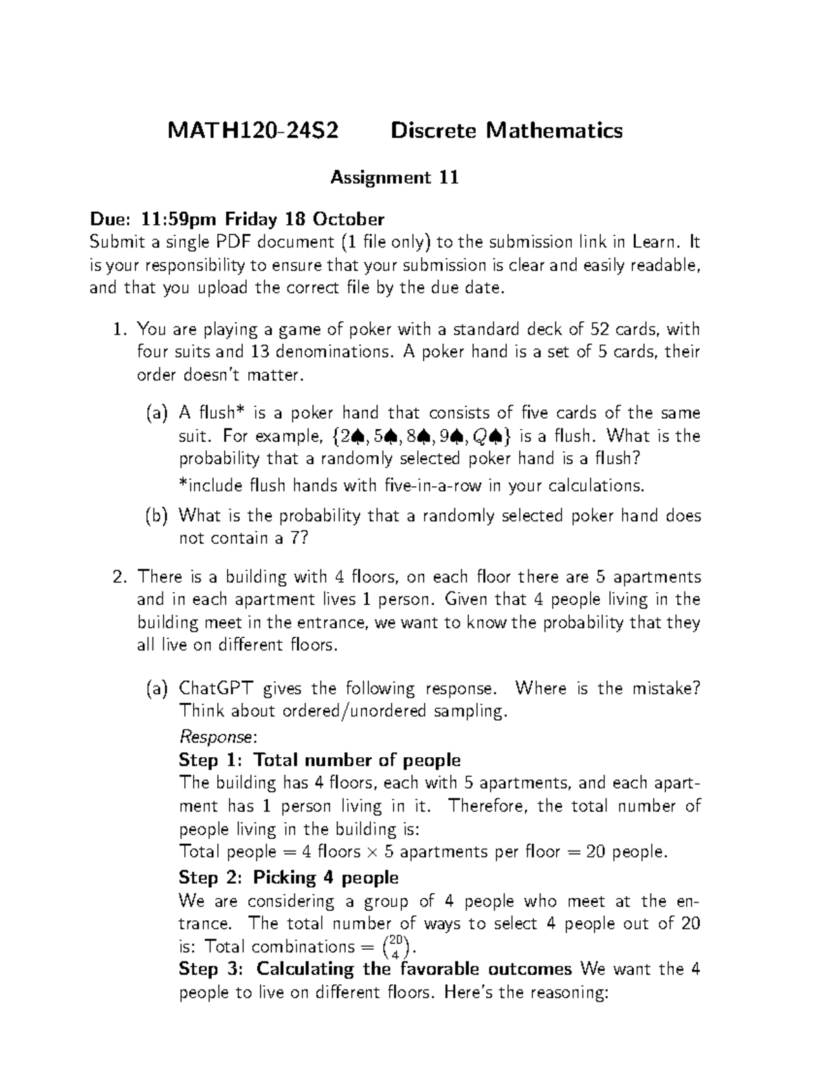 Discrete Mathematics Assignment 11: Poker Probability & Floor Meeting ...