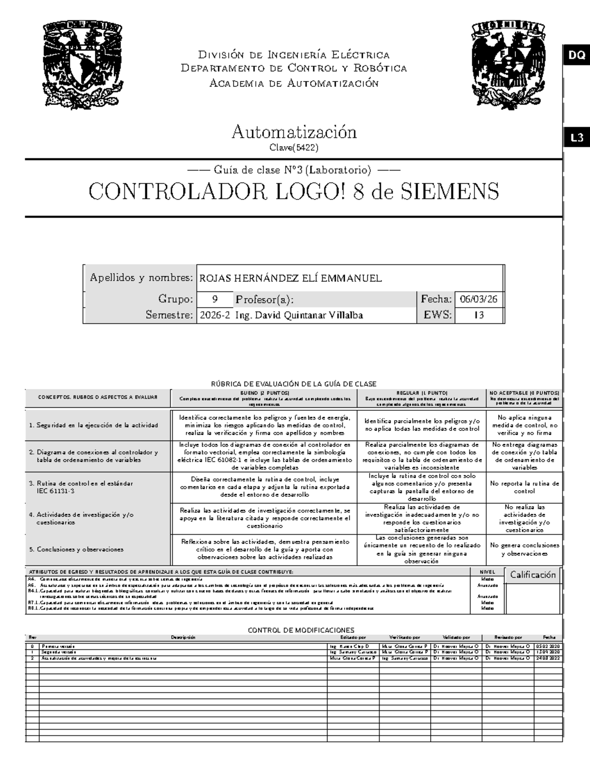 Práctica 3: Controlador LOGO! 8 de SIEMENS - DQ Clave(5422) - Studocu