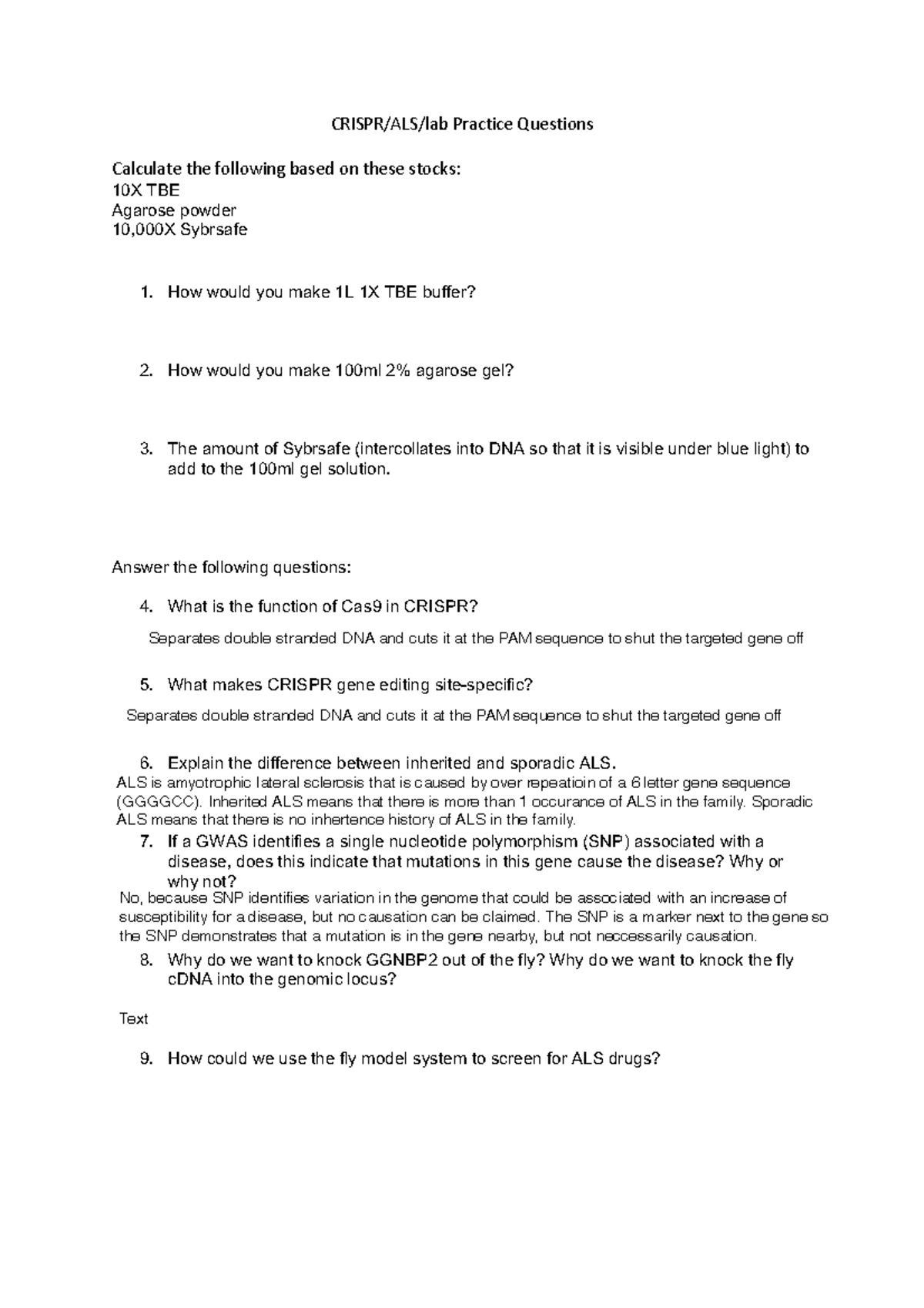 Crispr Practice Questions: Stock Preparation & ALS Insights - Studocu