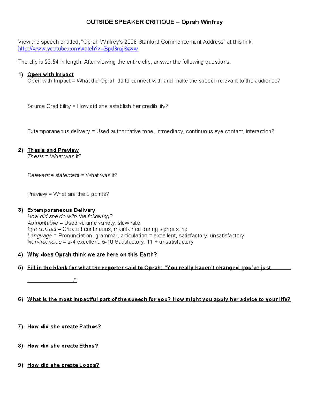 EC 2 - Outside Speaker Critique: Oprah Winfrey's 2008 Speech Analysis ...