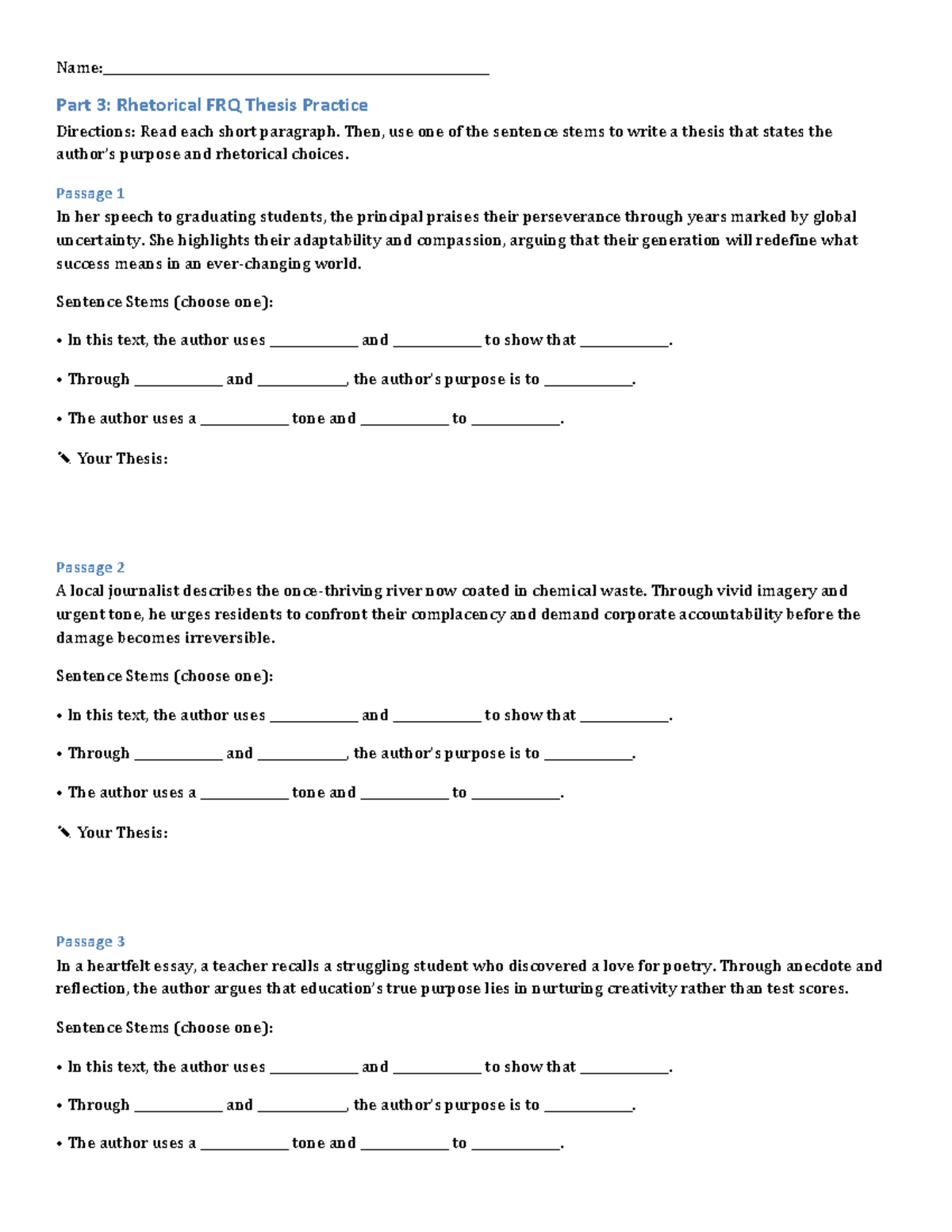 Rhetorical Choice Worksheet 3: Thesis Practice for FRQ - Studocu