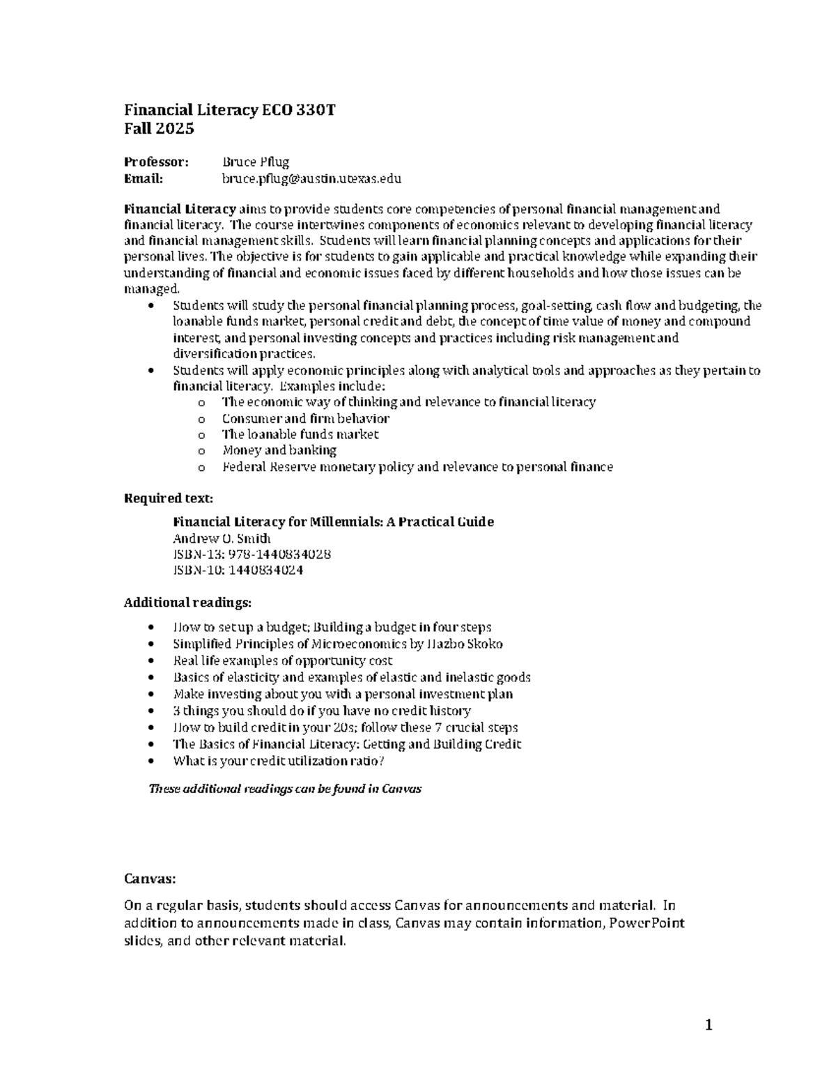 Financial Literacy Syllabus ECO 330T - Fall 2025 - Studocu