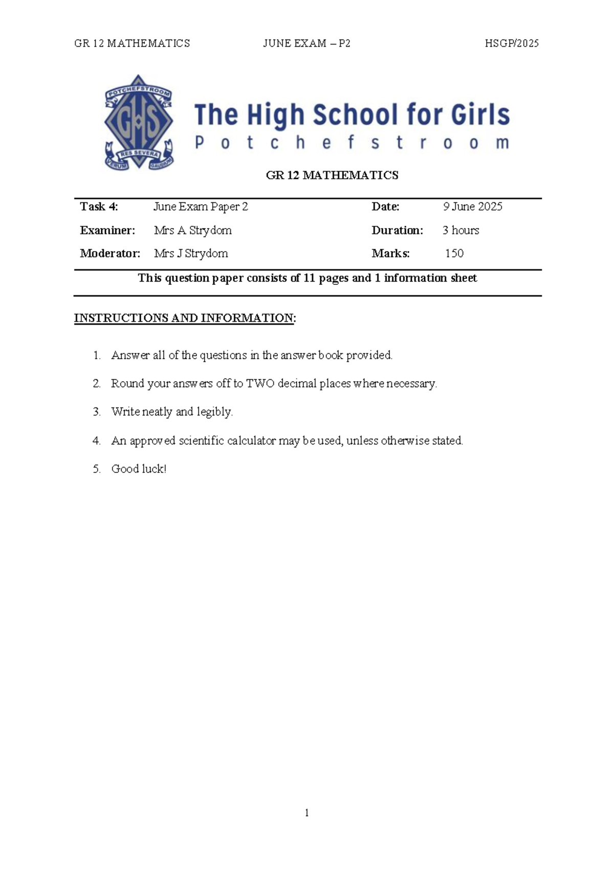 GR 12 MATHEMATICS JUNE EXAM P2 - Test Paper 2025 - Studocu