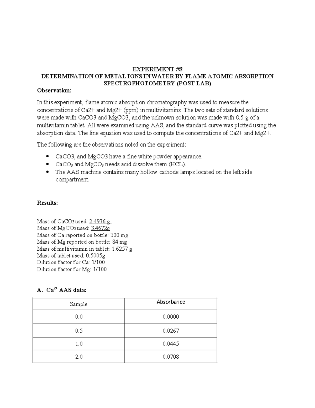 AAS 101: Post-Lab Analysis of Metal Ions in Water via AAS ...