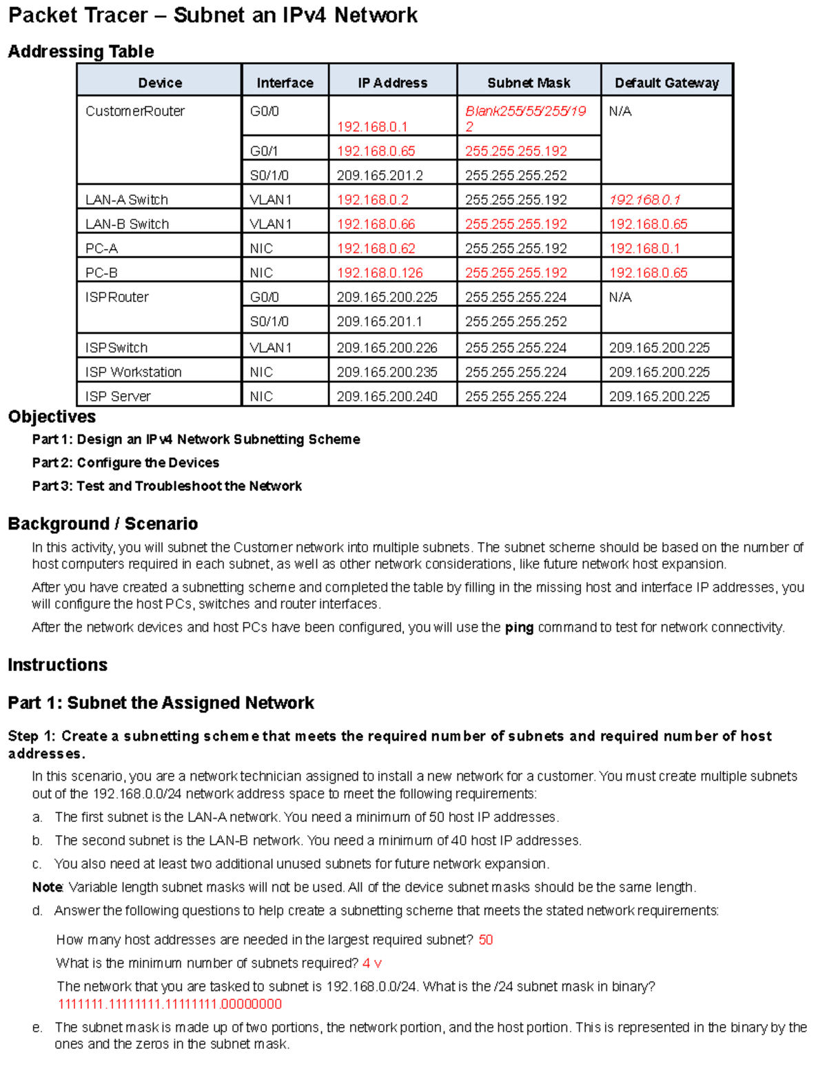 PT 11.5.5 Subnetting an IPv4 Network: Design & Configuration Guide - Studocu
