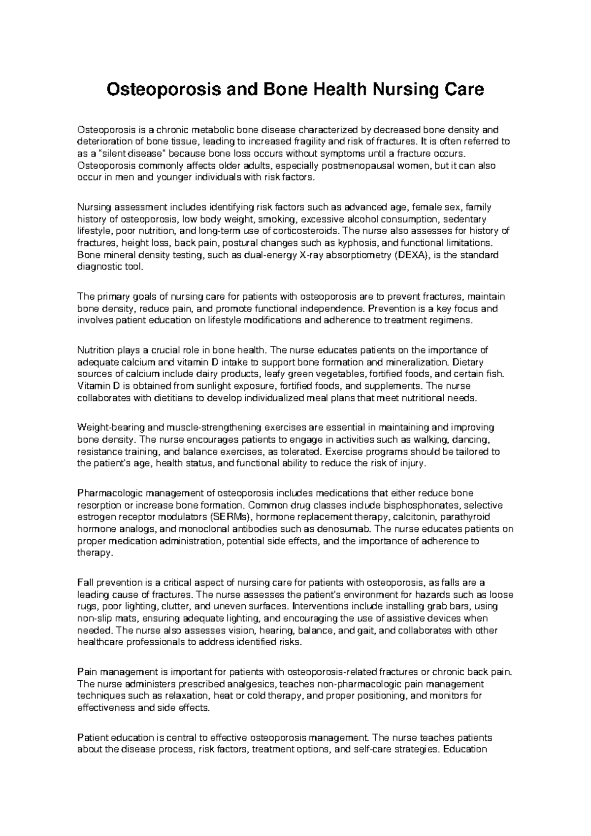 MS Nursing Notes 3: Osteoporosis & Bone Health Care - Studocu