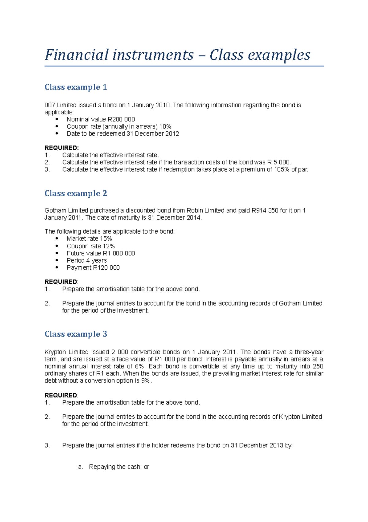 Financial Instruments Class Examples (FIN 101) - Studocu