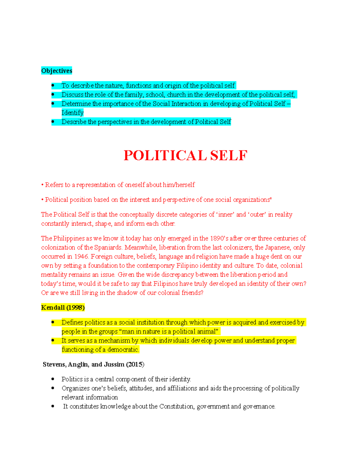 Political-SELF (Understanding the Self) - BS Economics - WMSU - Studocu