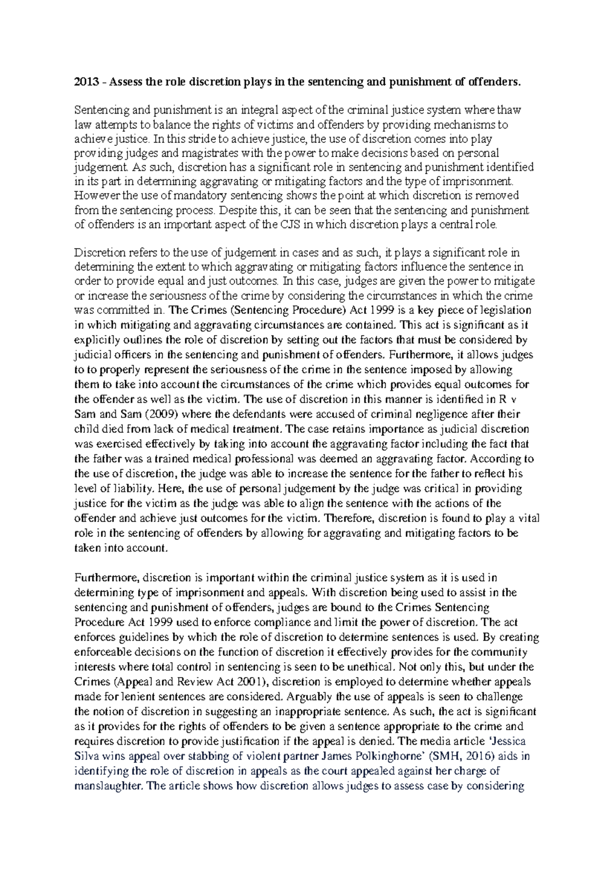 Legal HSC 2013 practice essay - 2013 - Assess the role discretion plays ...