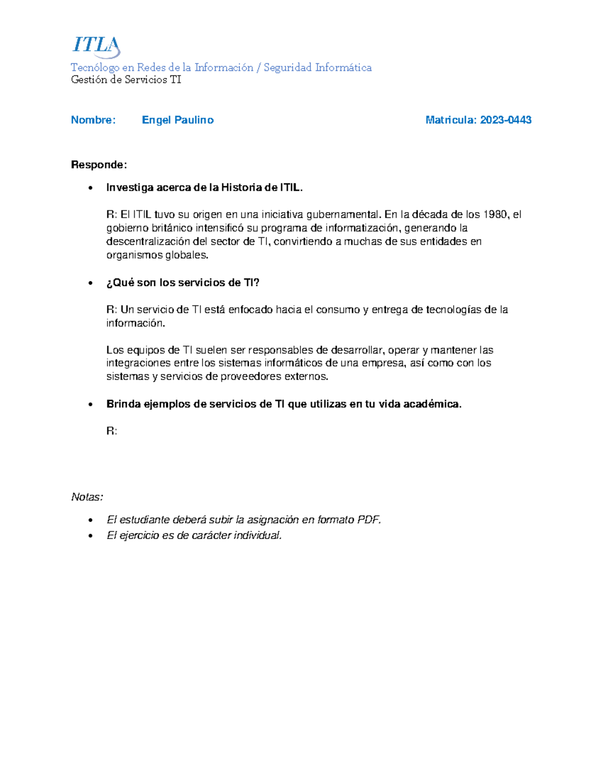 Tarea Semana 1 GS: Historia de ITIL y Servicios de TI - Studocu
