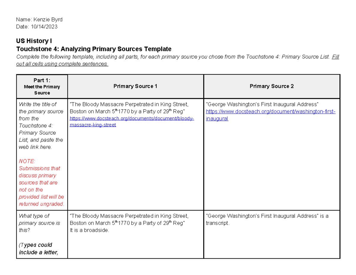 US History I Touchstone 4: Analyzing Primary Sources Template - Studocu