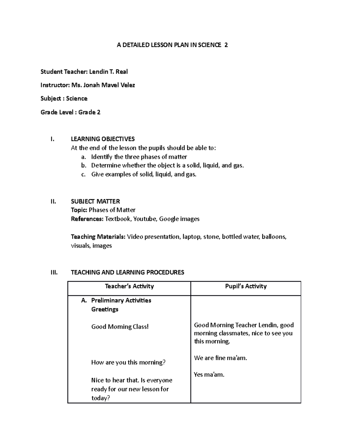 A Comprehensive Lesson Plan for Science 2: Phases of Matter - Studocu