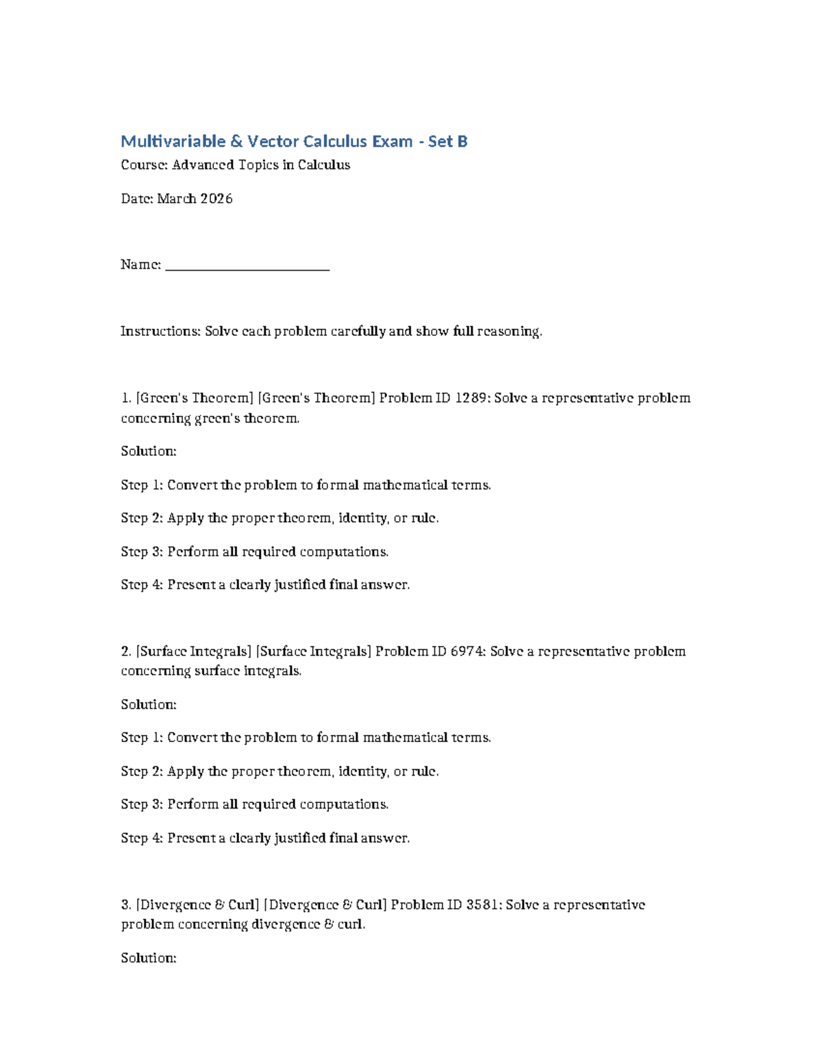 Multivariable Vector Calculus Exam Set B - Math 8786 - Studocu