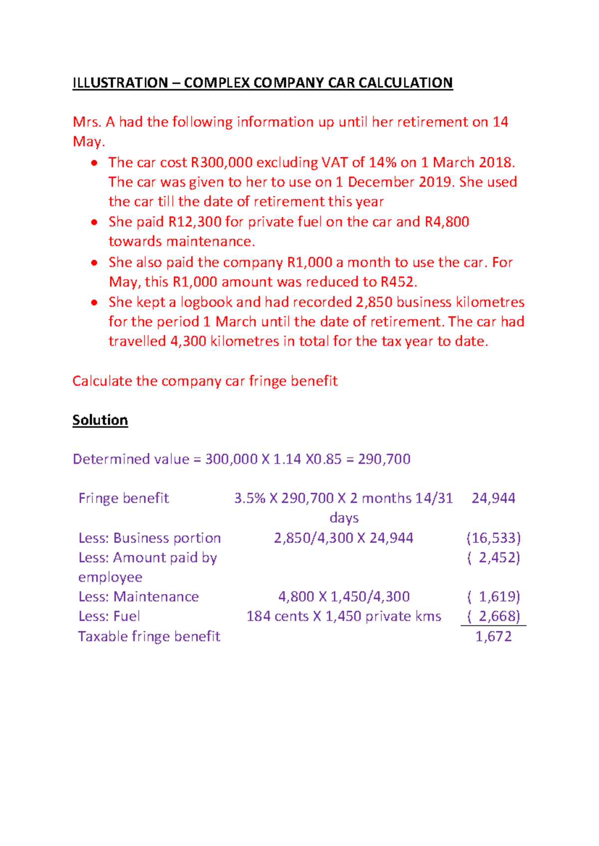 3A CO CAR Fringe Benefits Calculation Example - Studocu