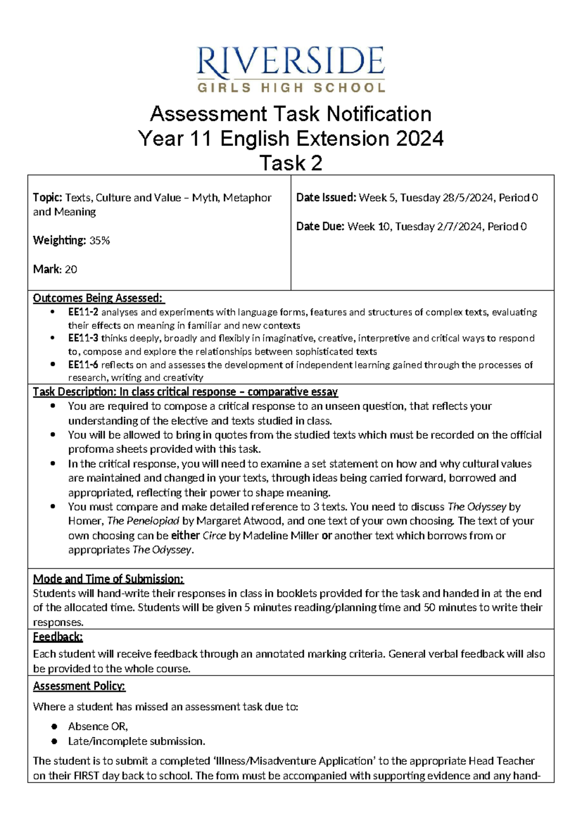 Assessment Task 2: Year 11 English Extension - Texts, Culture & Value ...