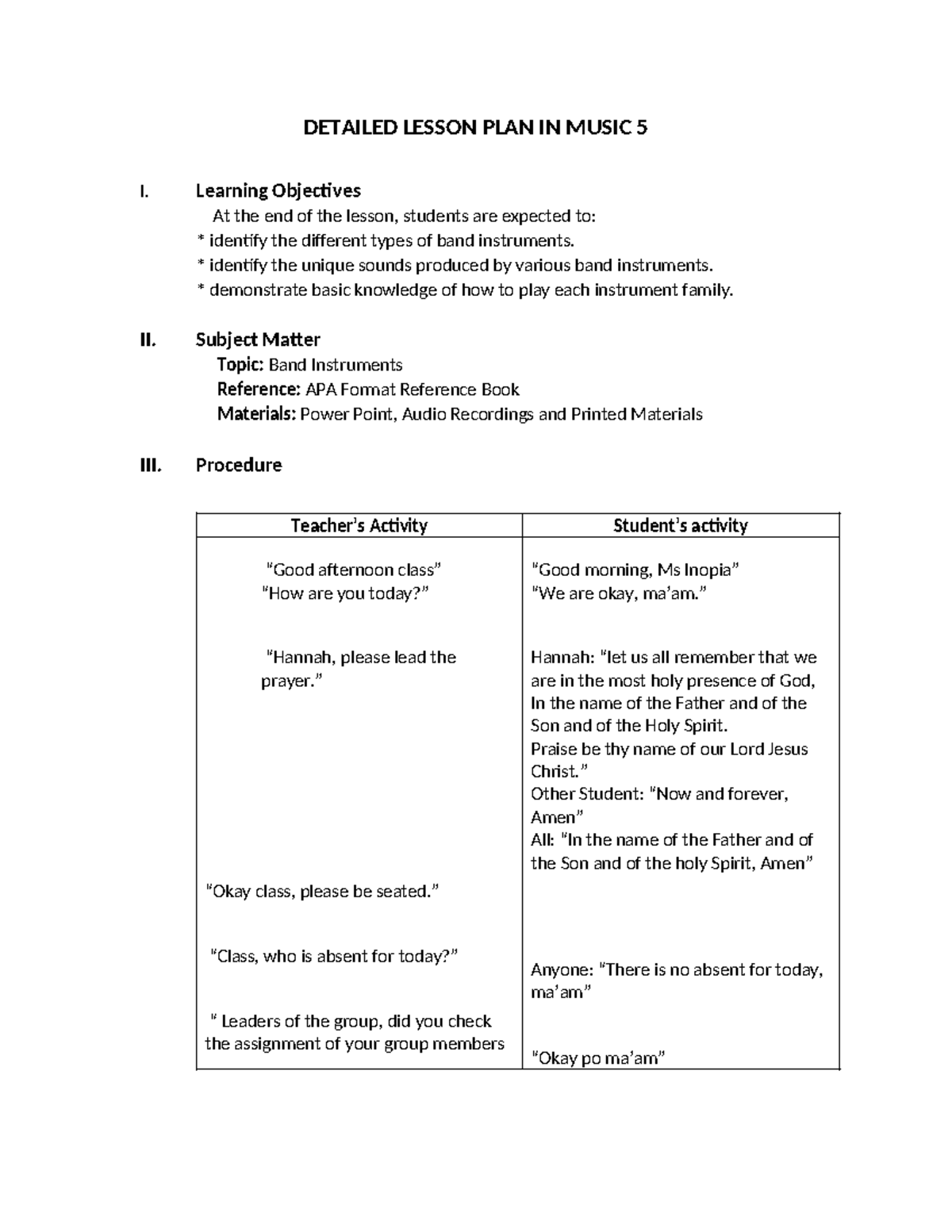 Detailed Lesson Plan in Music 5: Exploring Band Instruments - Studocu