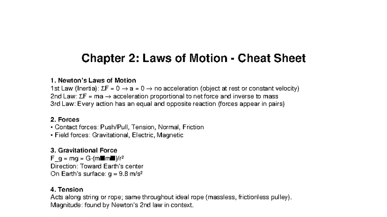 Chapter 2: Laws of Motion Cheat Sheet for Physics 101 - Studocu