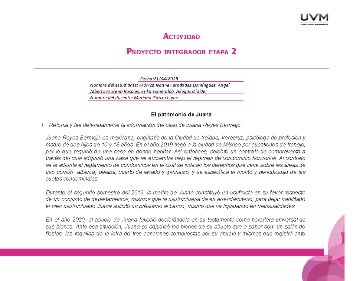 ACTIVIDAD PROYECTO INTEGRADOR ETAPA 2: Derechos Reales de Juana Reyes - Studocu