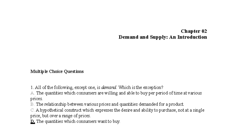 Chapter 02 Demand and Supply: MCQs Test Bank (Course Code: Chap002 ...