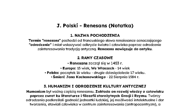 J. Polski Renesans - Kluczowe Aspekty i Myśliciele (Notatka) - Studocu