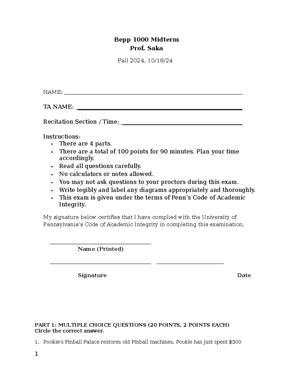 Practice Midterm 1 (SAKA F24 BEPP 1000) Exam Instructions and Questions ...