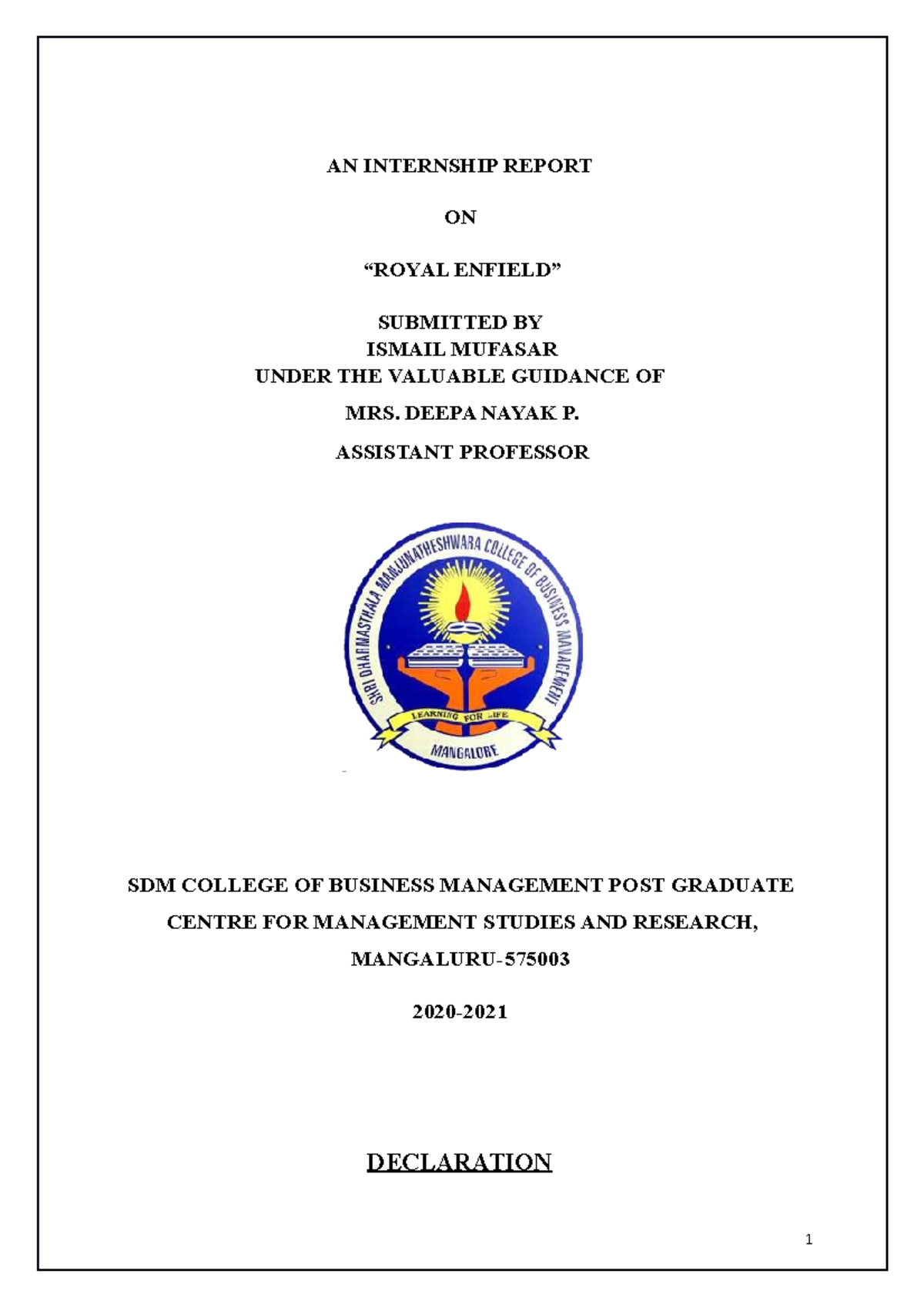 Ismail intership report - AN INTERNSHIP REPORT ON “ROYAL ENFIELD ...