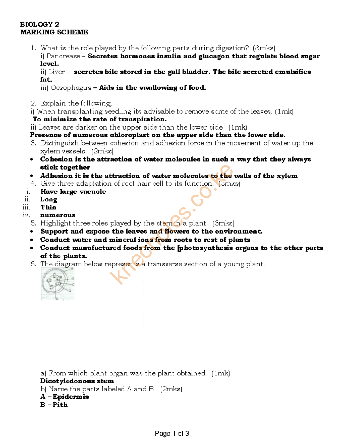 BIOLOGY 2 FINAL EXAM MARKING SCHEME AND NOTES - Studocu