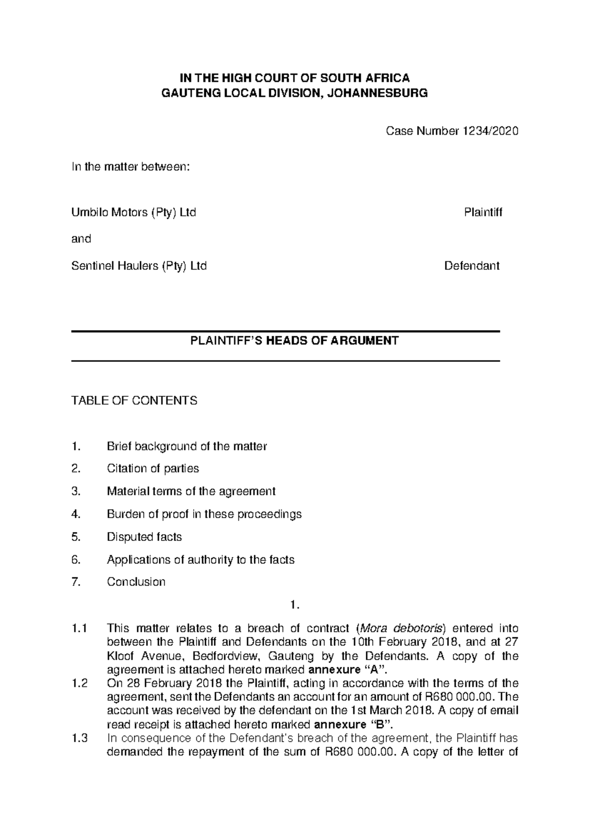 Heads of Argument - Umbilo Motors vs. Sentinel Haulers (Case 1234 ...