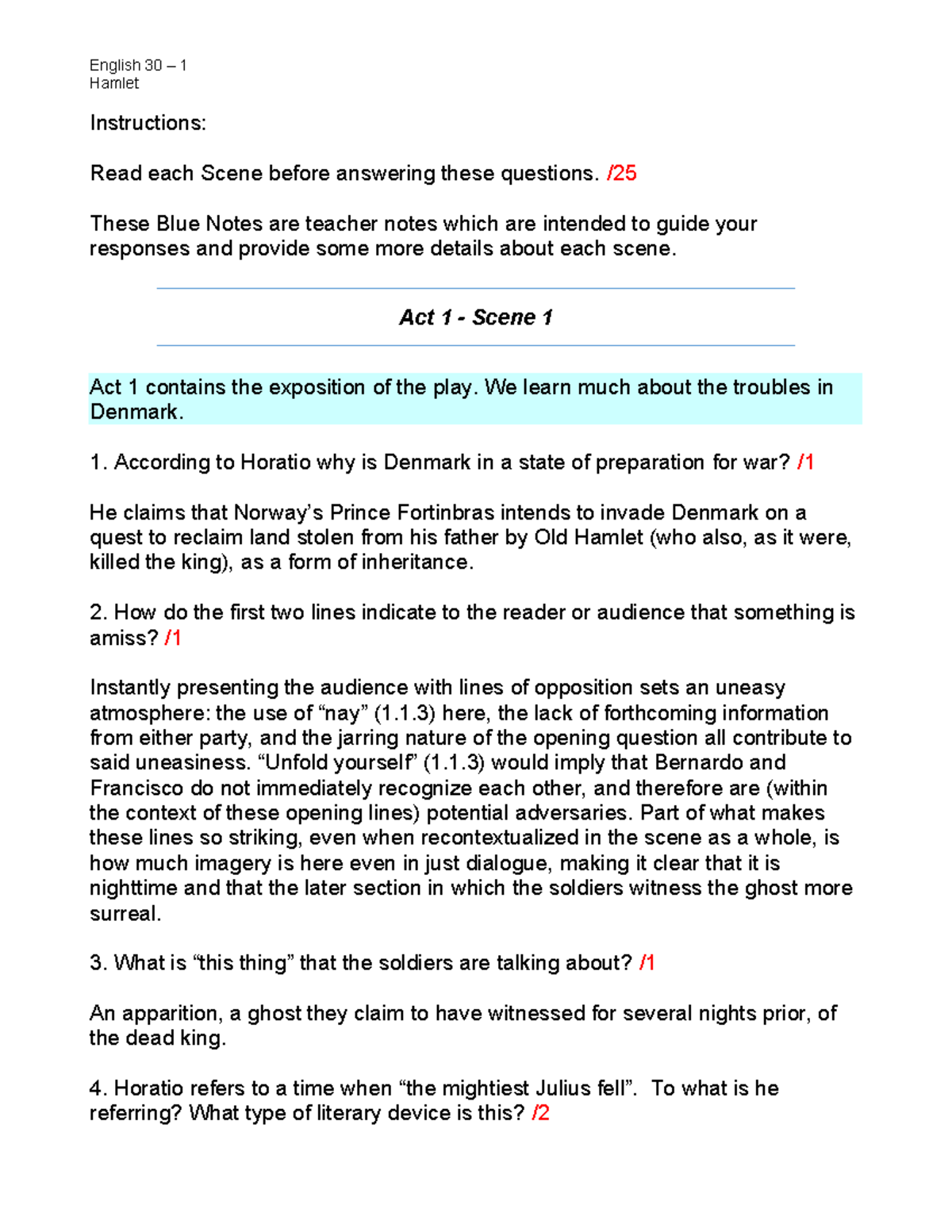 Hamlet Act 1 Study Questions and Analysis for Class ENGL 201 - Studocu