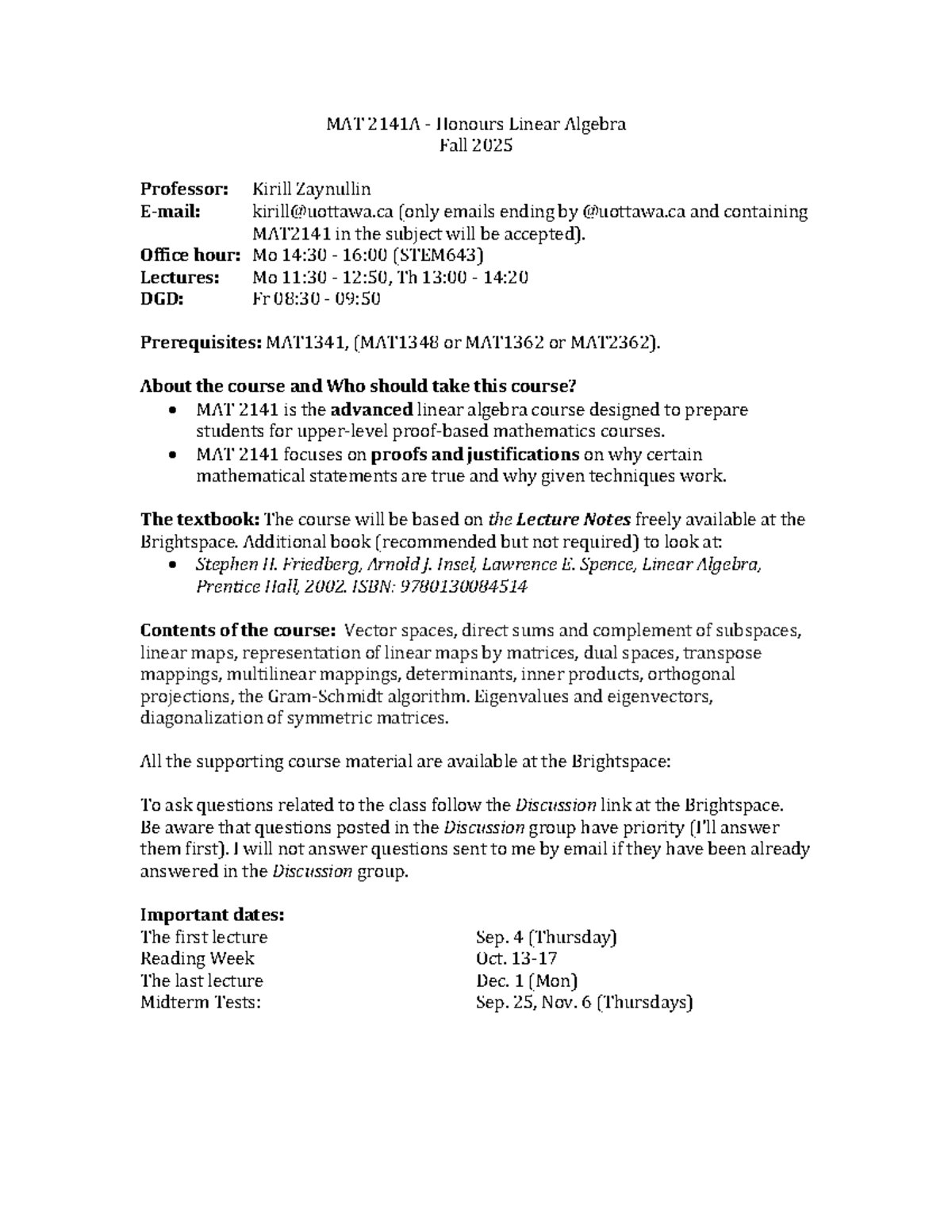 Syllabus for MAT 2141: Honours Linear Algebra - Fall 2025 - Studocu