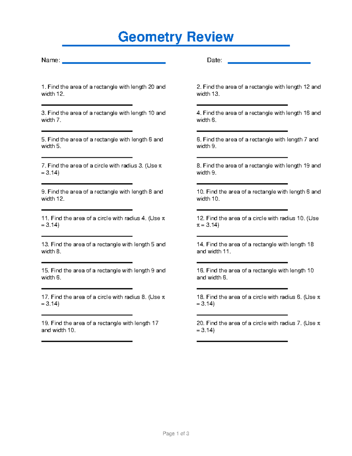 Geometry Review 2: Area Calculations and Answers - Studocu