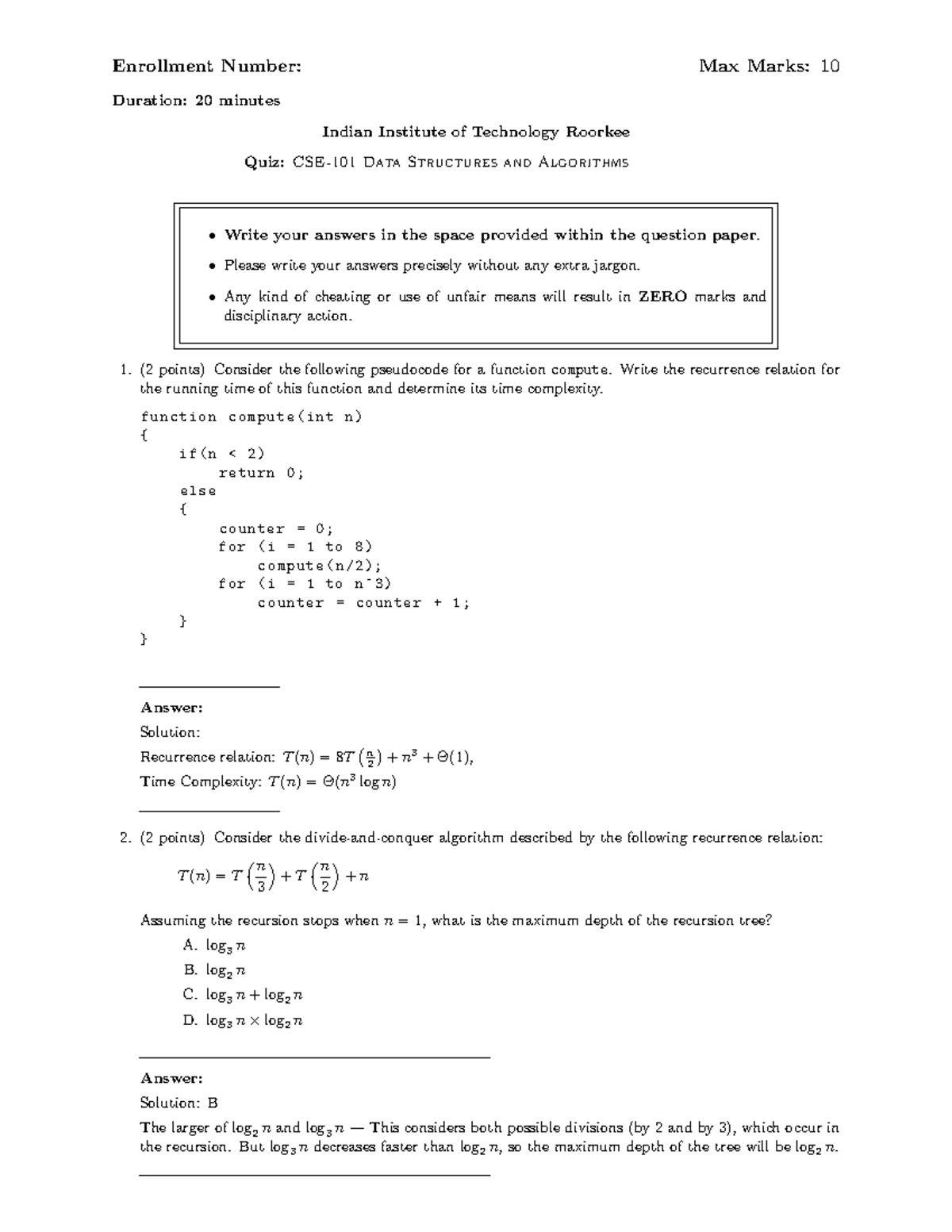 CSE 101 Quiz: Data Structures and Algorithms Insights - Studocu