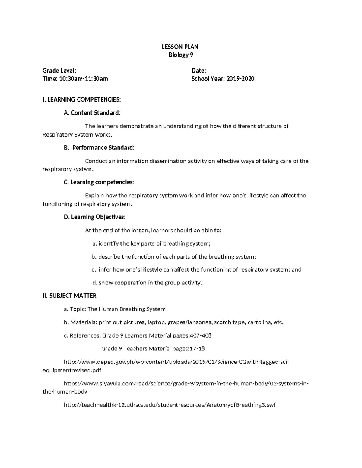 Biology 9 Lesson Plan: Understanding the Respiratory System - Studocu