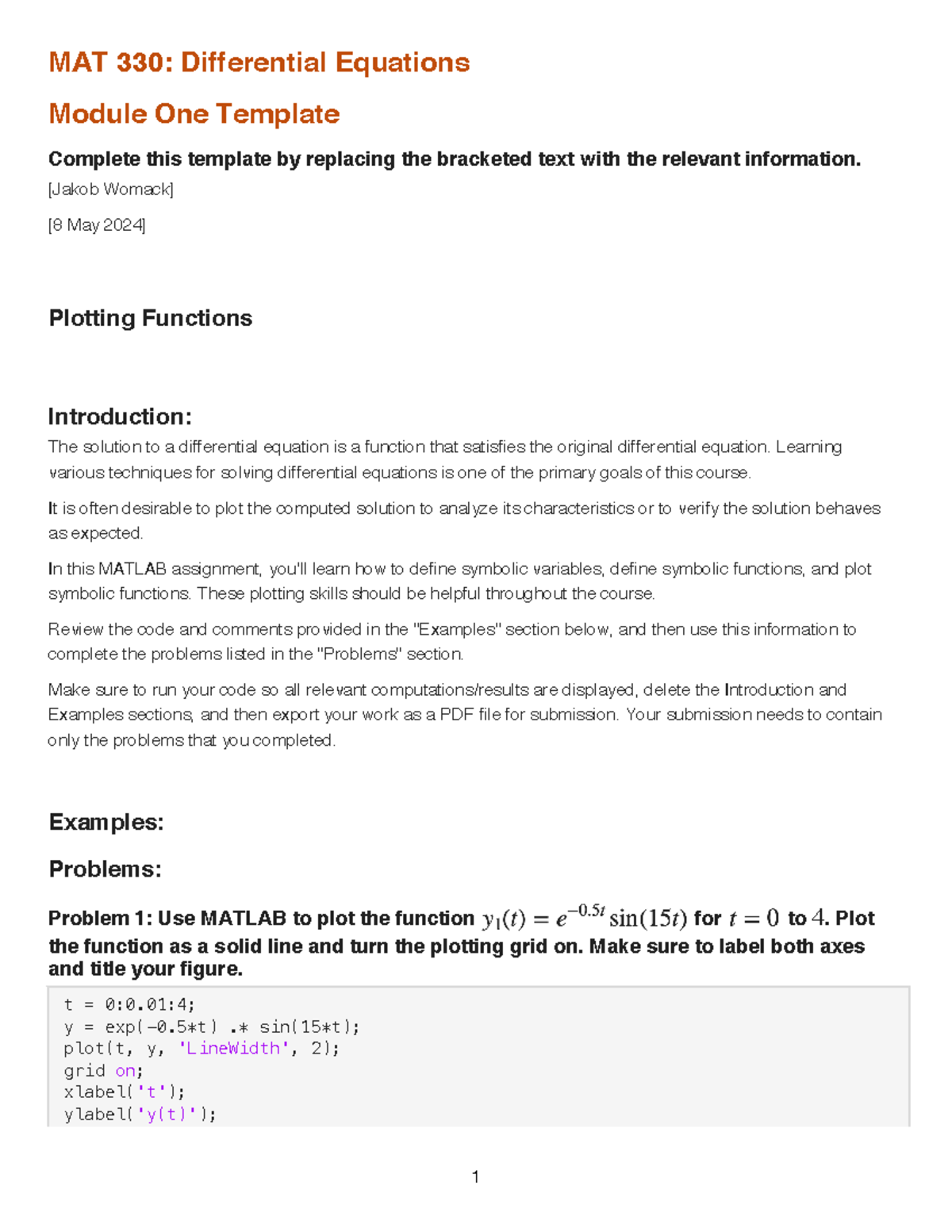 MAT330 Differential Equations Module One Template and Example Problems ...