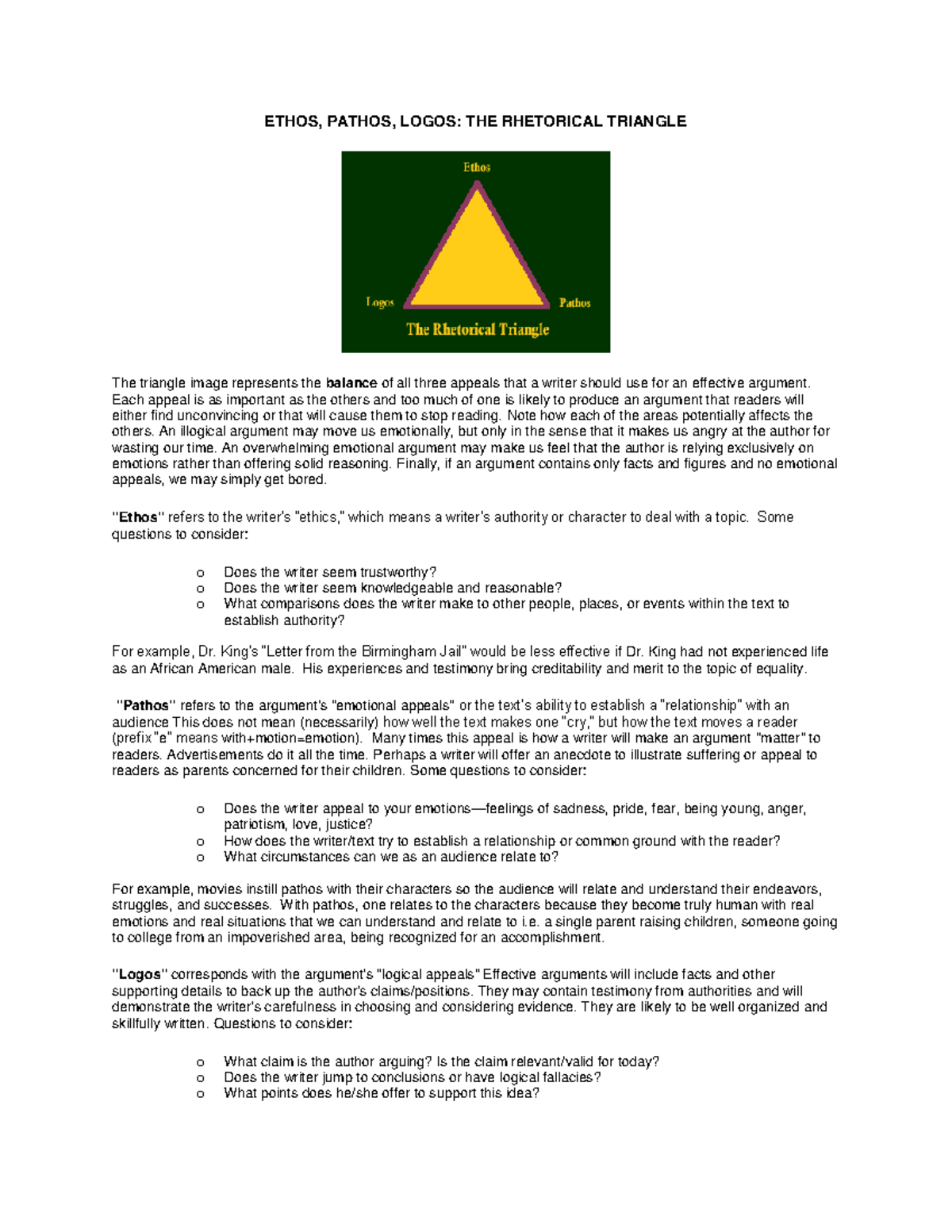 Rhetorical Triangle Handout - ETHOS, PATHOS, LOGOS: THE RHETORICAL ...