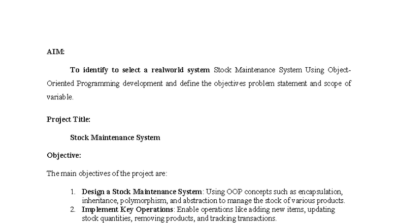 Stock Maintenance System Project Overview: Objectives & Scope - Studocu