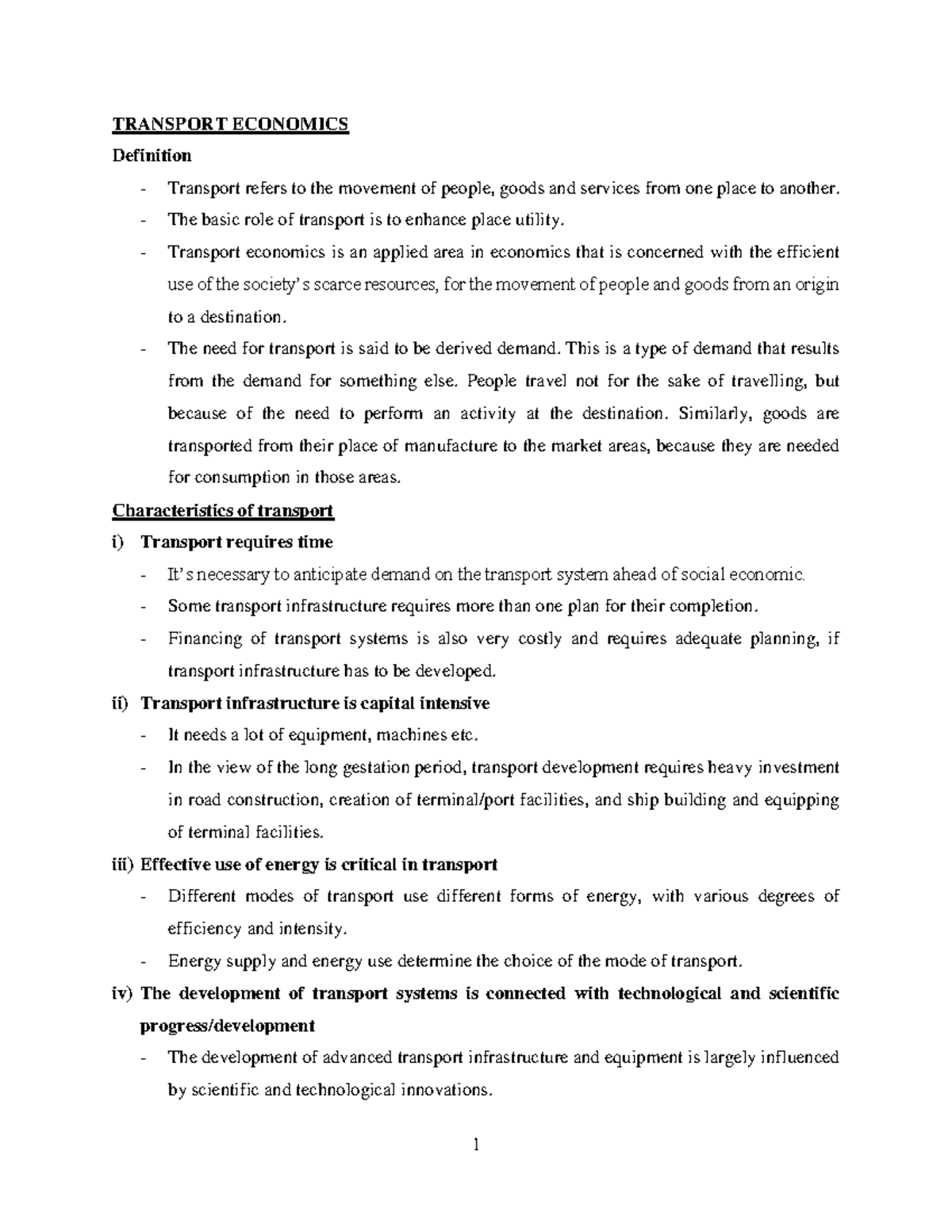 Introduction to Transport Economics Notes (Course Code: TRANSPORT ECON ...