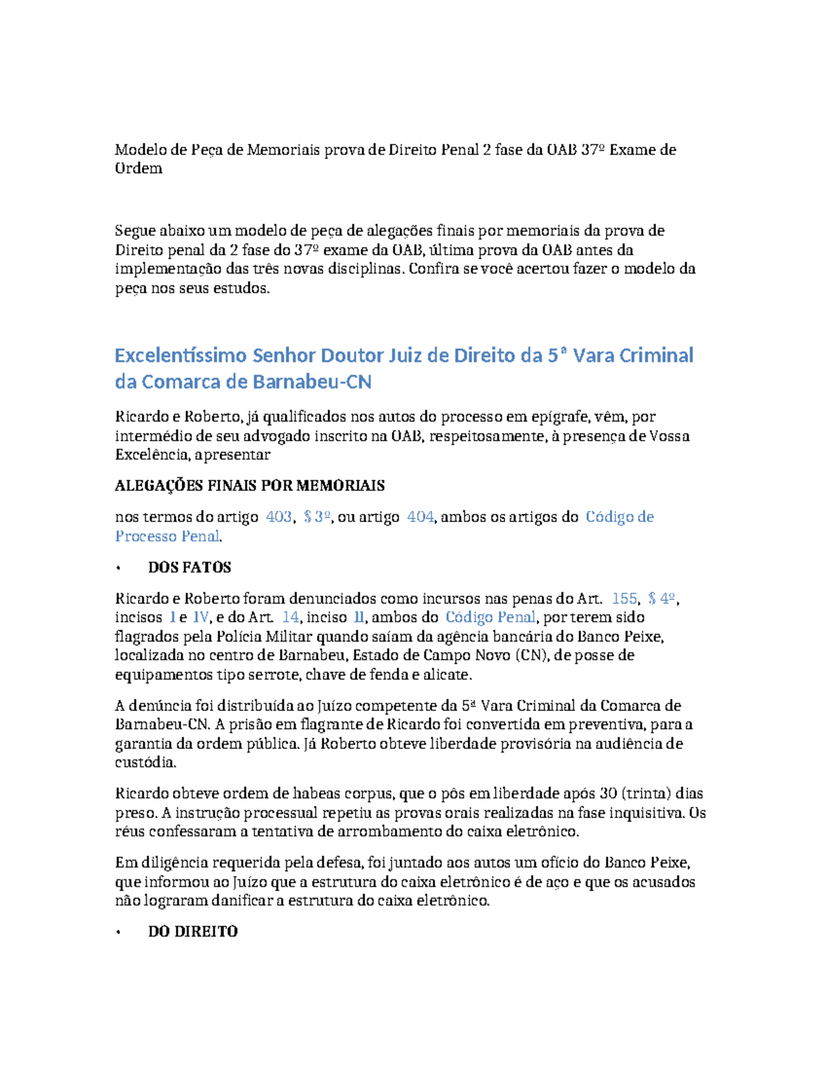 Modelo de Peça de Memoriais - OAB 37º Exame - Direito Penal 2ª Fase ...