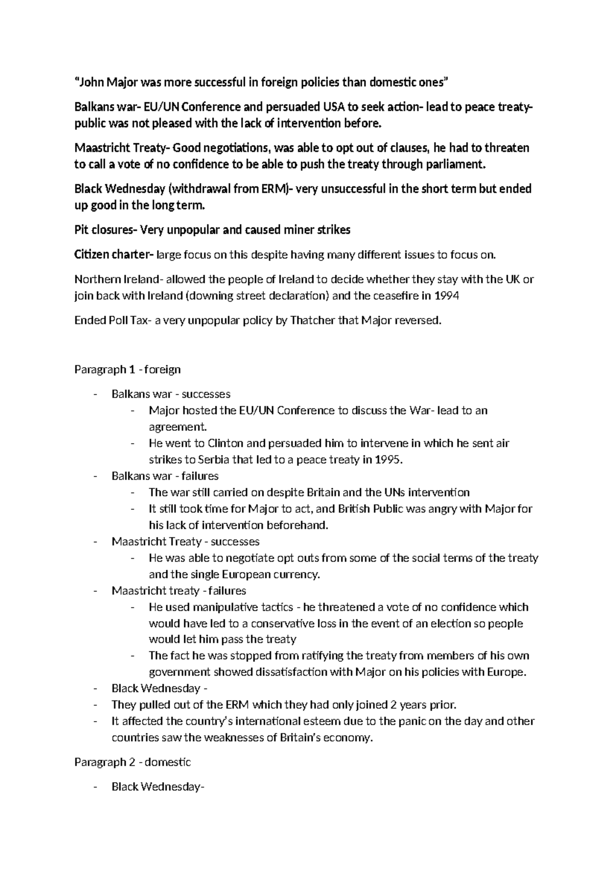Analysis of John Major's Foreign vs Domestic Policy Successes - Studocu