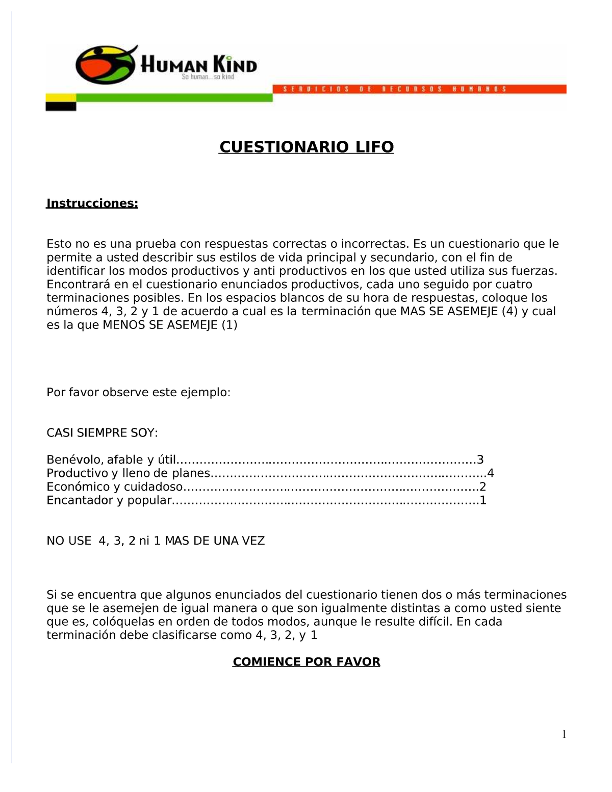 Lifo-preguntas - RESPUESTAS LIFO - CUESTIONARIO LIFOCUESTIONARIO LIFO Instrucciones ...