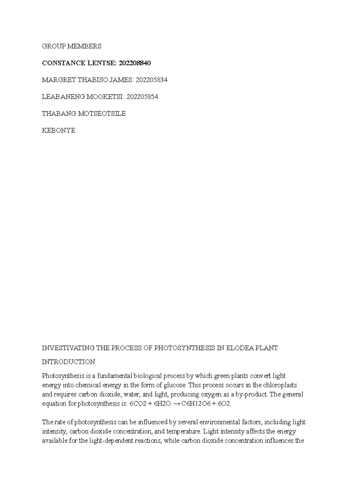 Investigating Photosynthesis in Elodea: Group Report 2 (202208840 ...