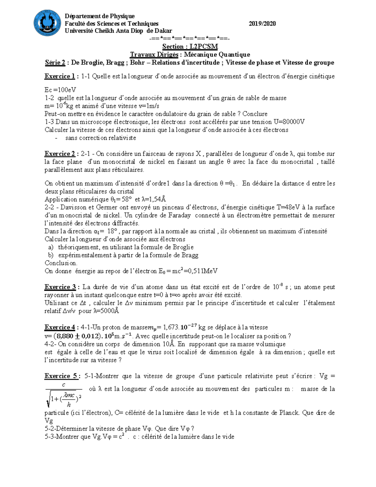 Travaux Dirigés L2PCSM: Mécanique Quantique Série 2 - Relations d ...
