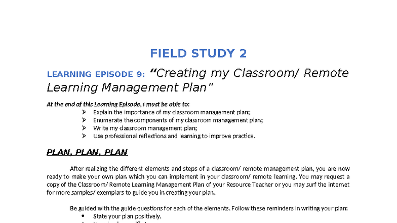 FIELD STUDY 2: Learning Episode 9 - My Remote Classroom Management Plan ...