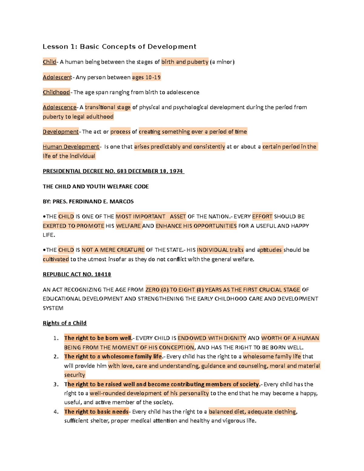 PED 101 Midterm Lessons - Lesson 1: Basic Concepts of Development Child- A human being between ...
