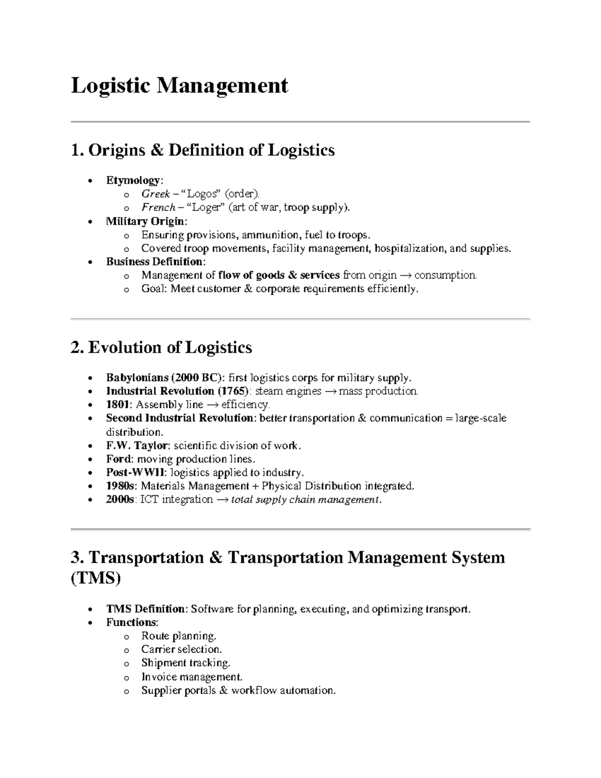 Logistic Management - Comprehensive Study Notes - Studocu