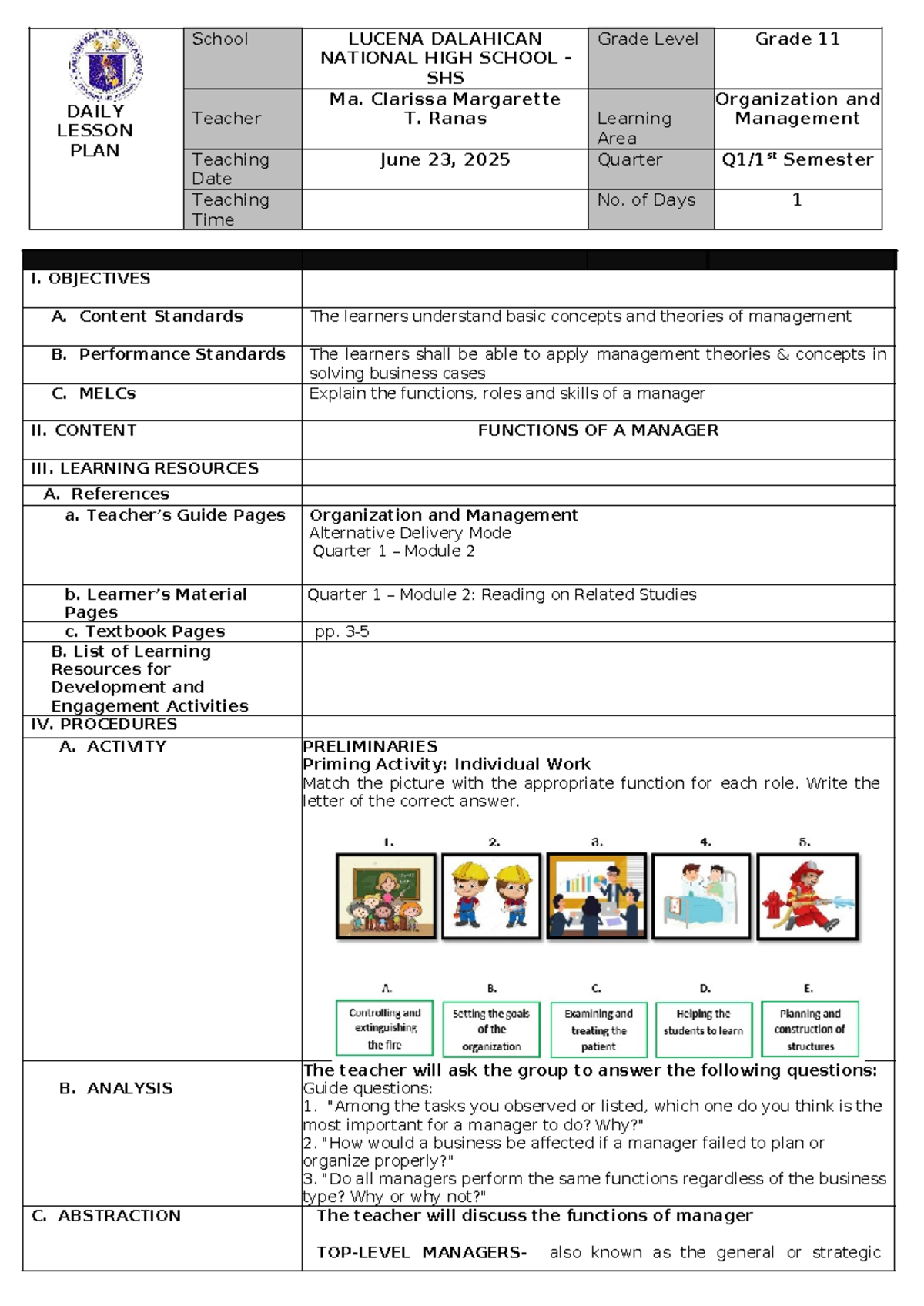 SHS Q1 Lesson Plan: Functions of a Manager - Grade 11 - Studocu