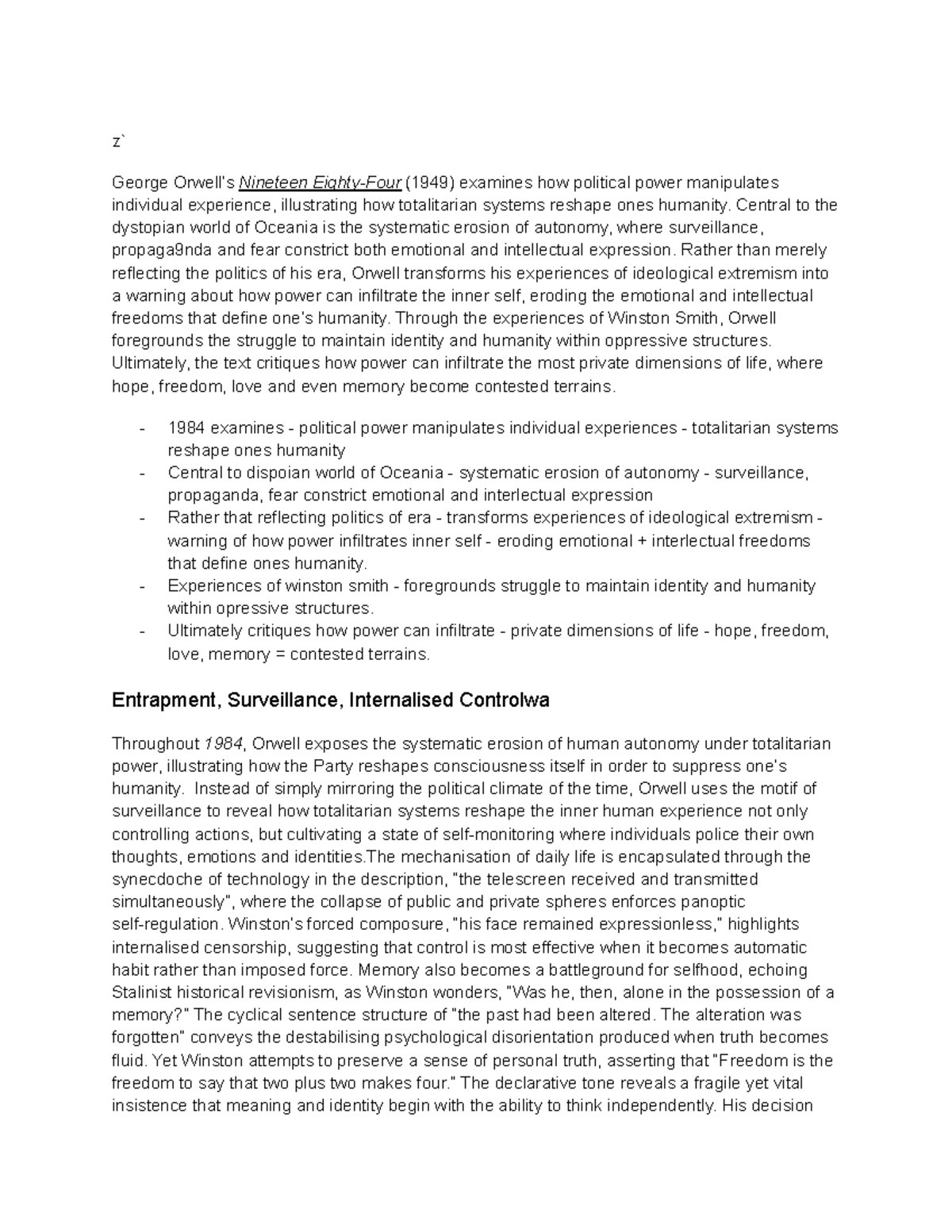 1984 Master Document: Exploring Totalitarianism and Human Autonomy ...