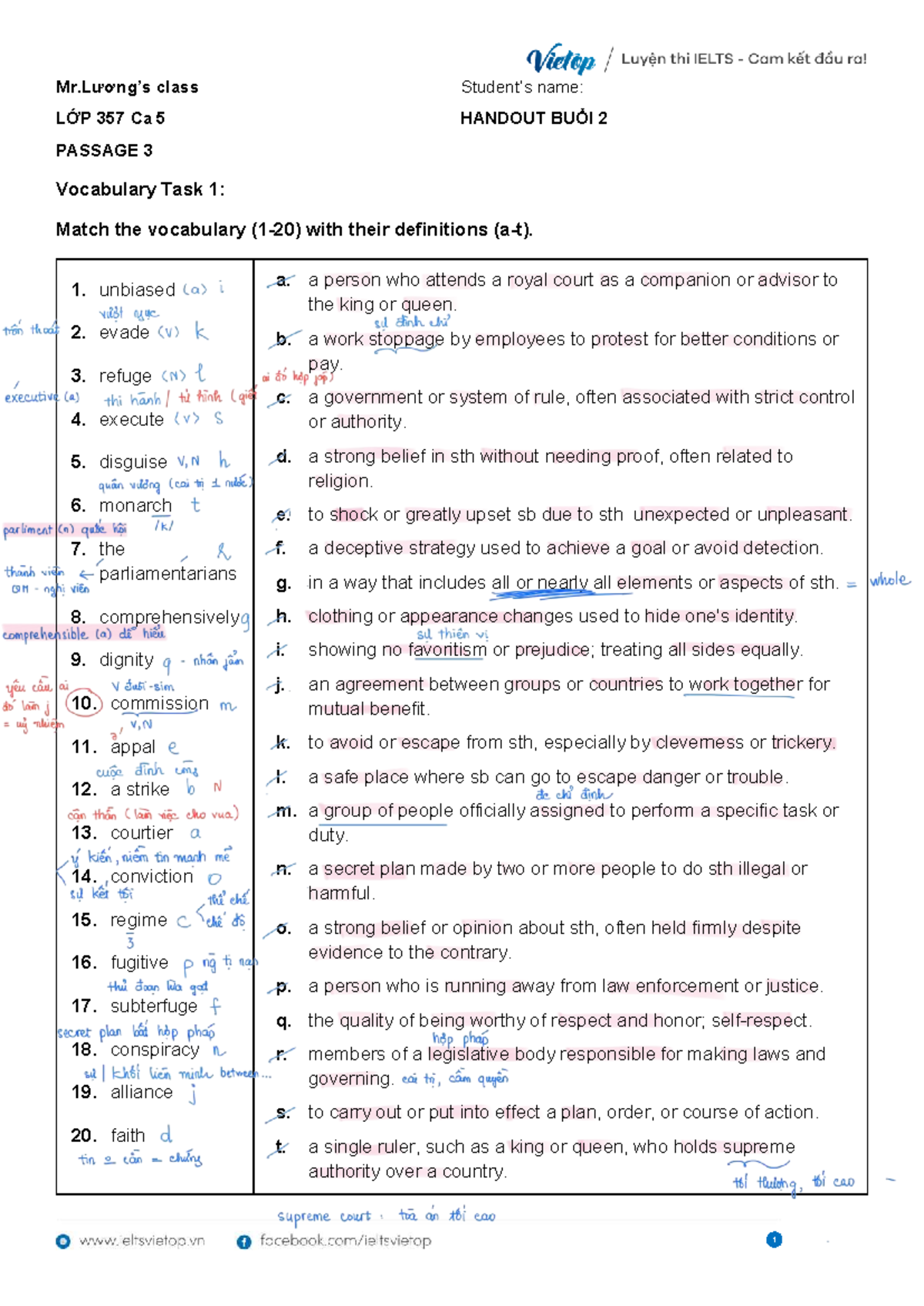 LỚP 357 Ca 5 HANDOUT BUỔI 2: Vocabulary Matching & Fill-in Tasks - Studocu