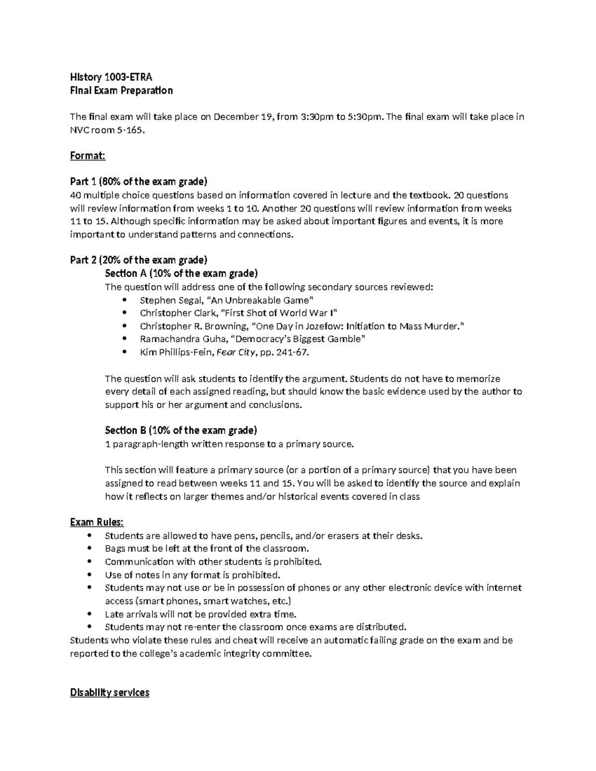 Final Exam Guide for History 1003-ETRA: Key Details and Rules - Studocu