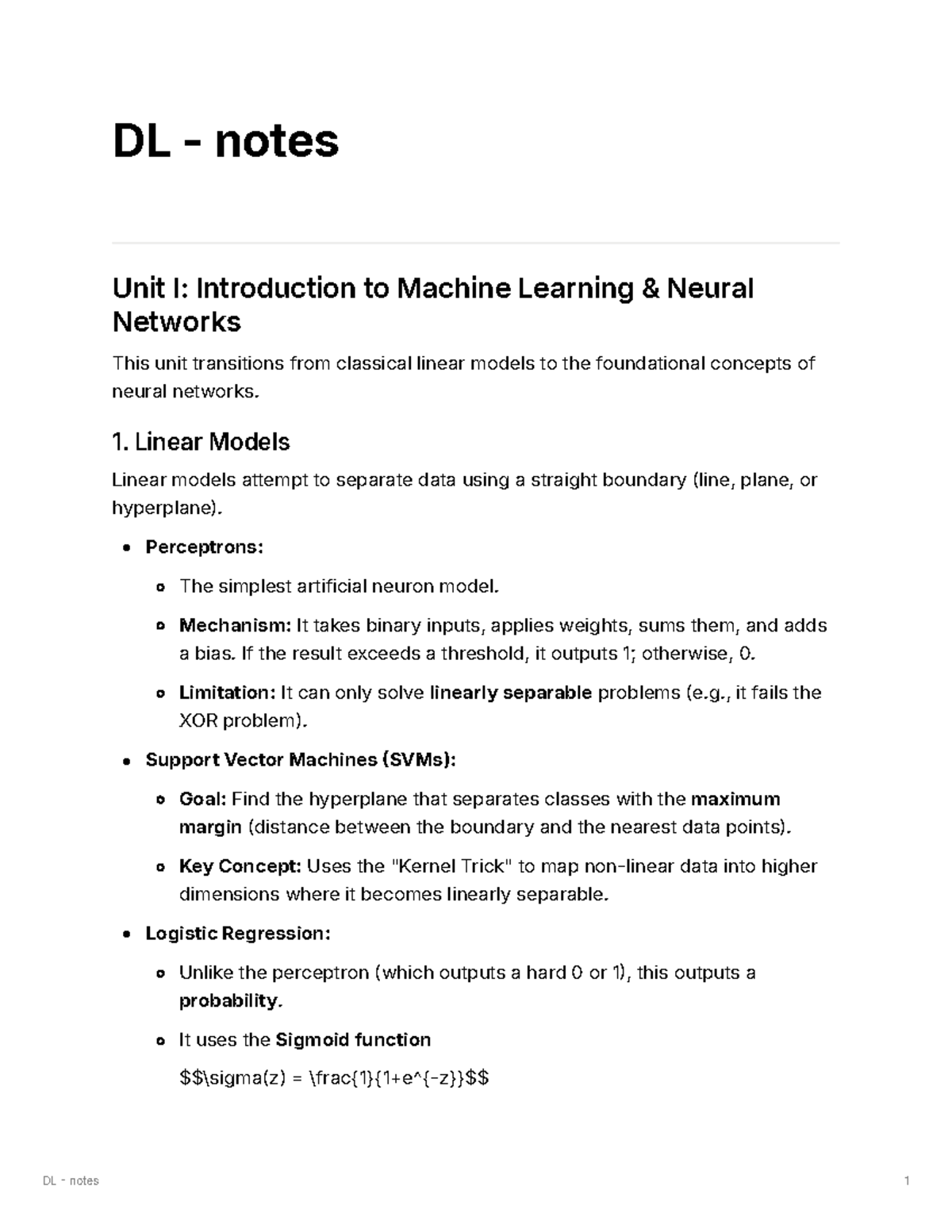 DL Notes: Unit I-V Summary on Machine Learning & Neural Networks - Studocu